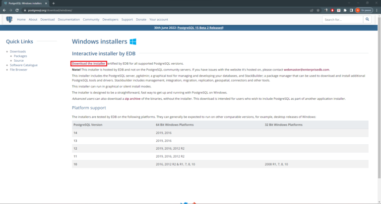 Installation de PostgreSQL et PgAdmin sur Windows